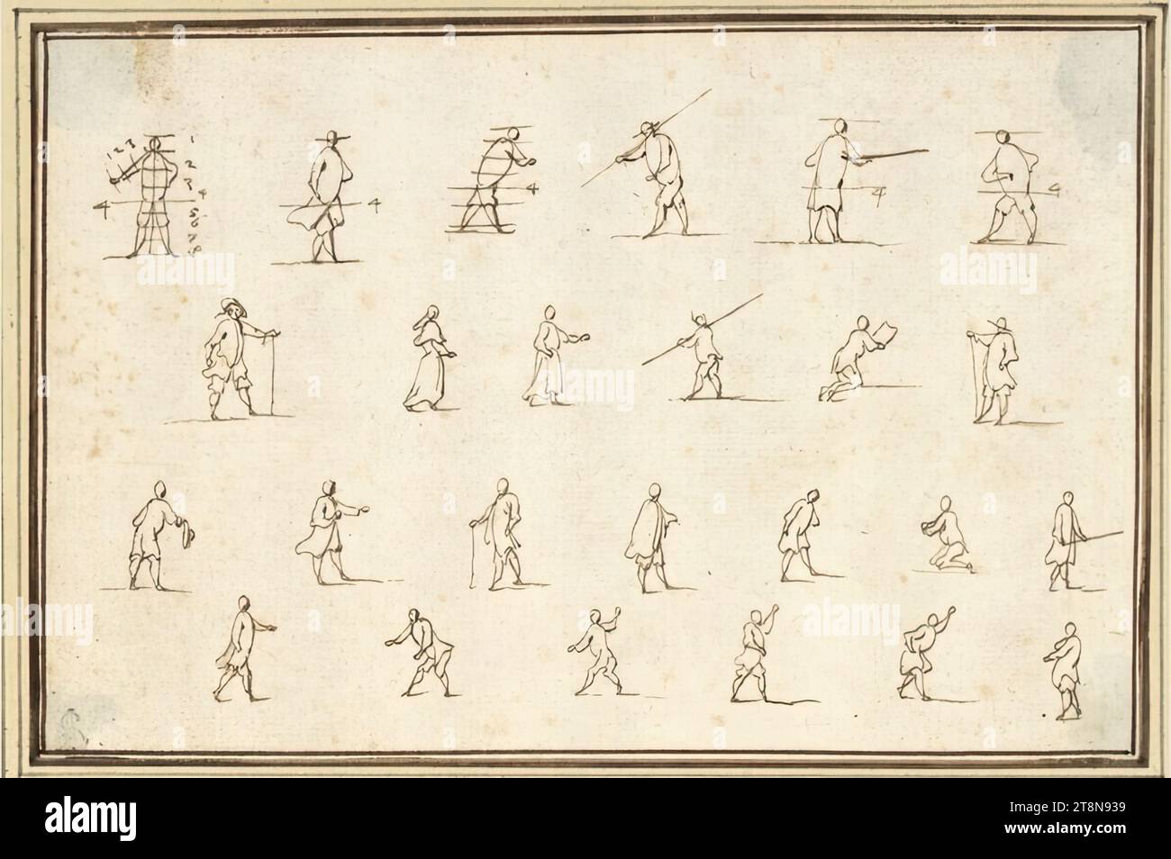 Study sheet with twenty-five courtly moving figures, some with ...