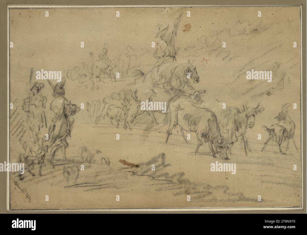 Sketch with herd of cattle, horsemen and hunters, drawing, black chalk ...