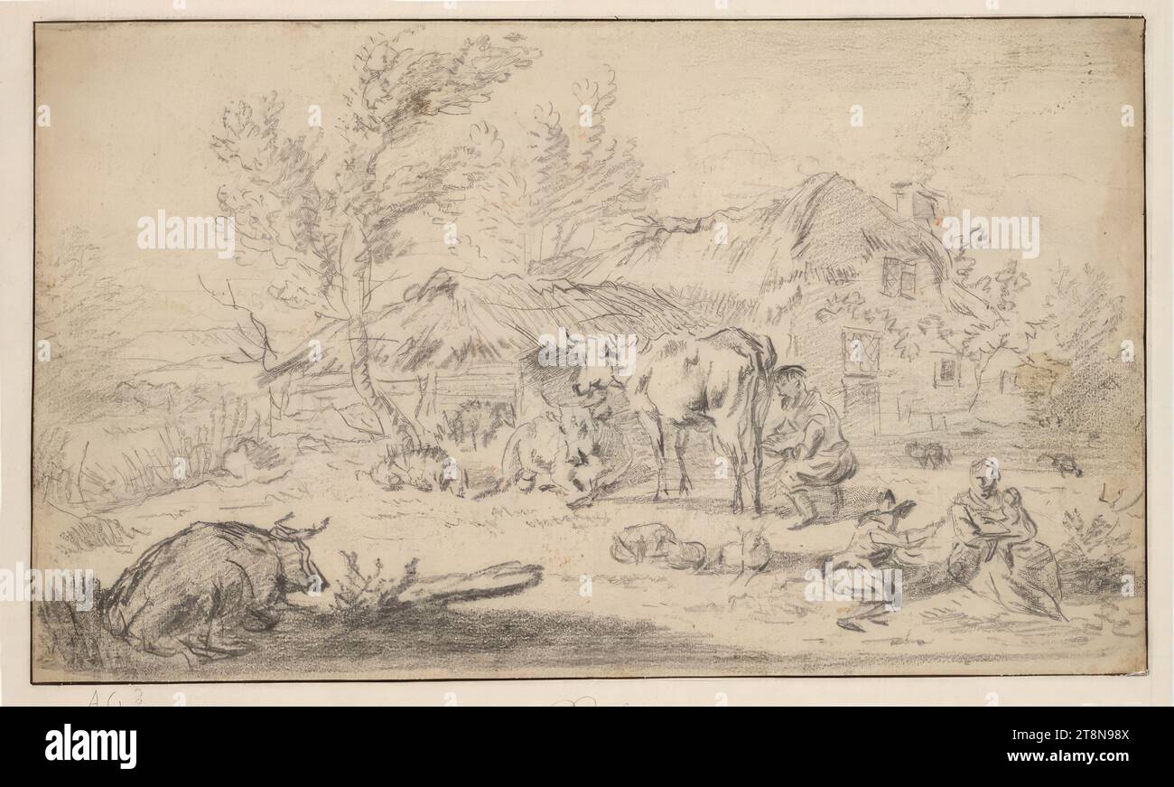 Pasture landscape with cow milker and family in front of a farmstead ...