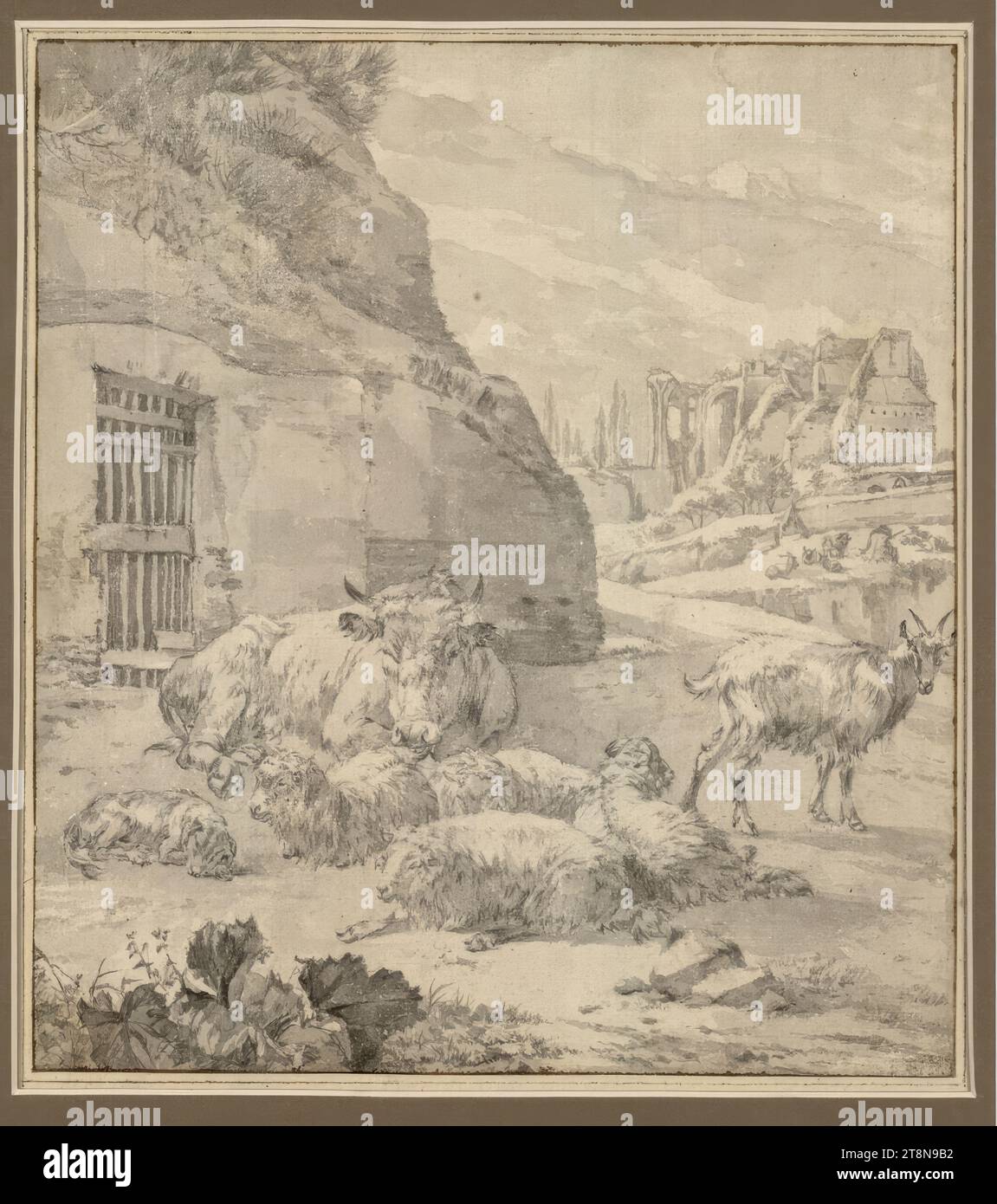 Roman landscape of ruins with a small herd of cattle in the foreground ...