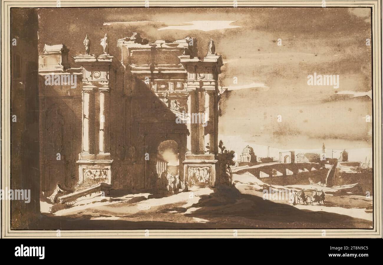 Ruins of a Roman triumphal arch, in the background a large bridge in ...