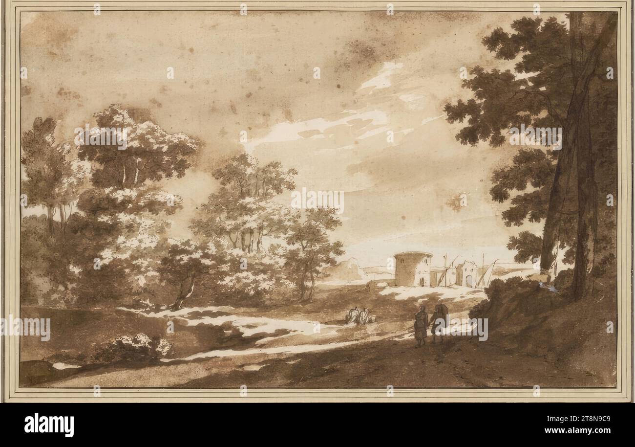 Path at the edge of the forest with a view of the towers of a small harbor, Jacob van der Ulft ...