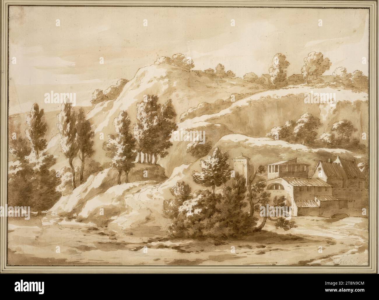Southern hilly landscape with trees and houses, Jacob van der Ulft (Gorinchem 1621 - 1689 ...