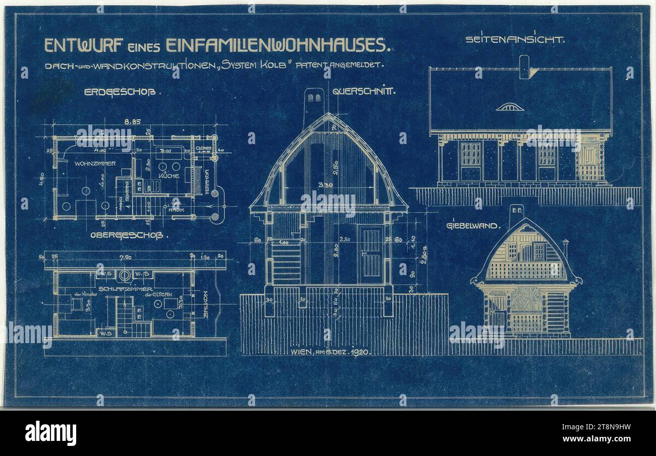 Draft of a single-family house, floor plans, elevations and section ...