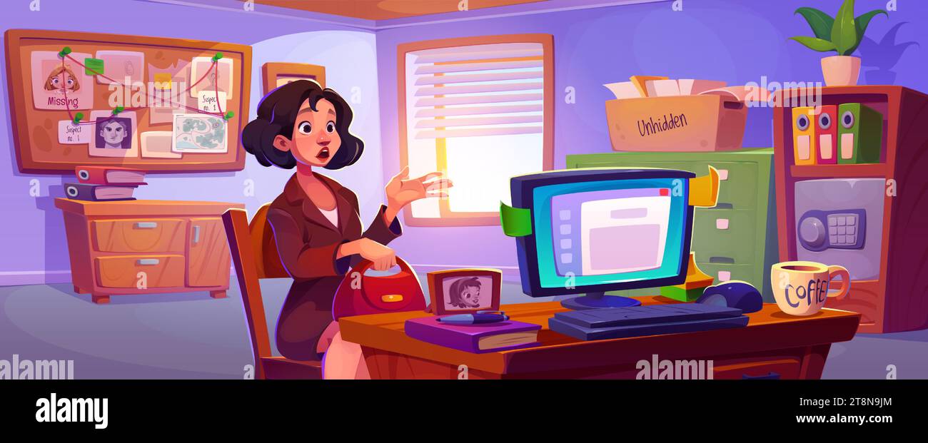 Scared woman in detective office. Vector cartoon illustration of female ...