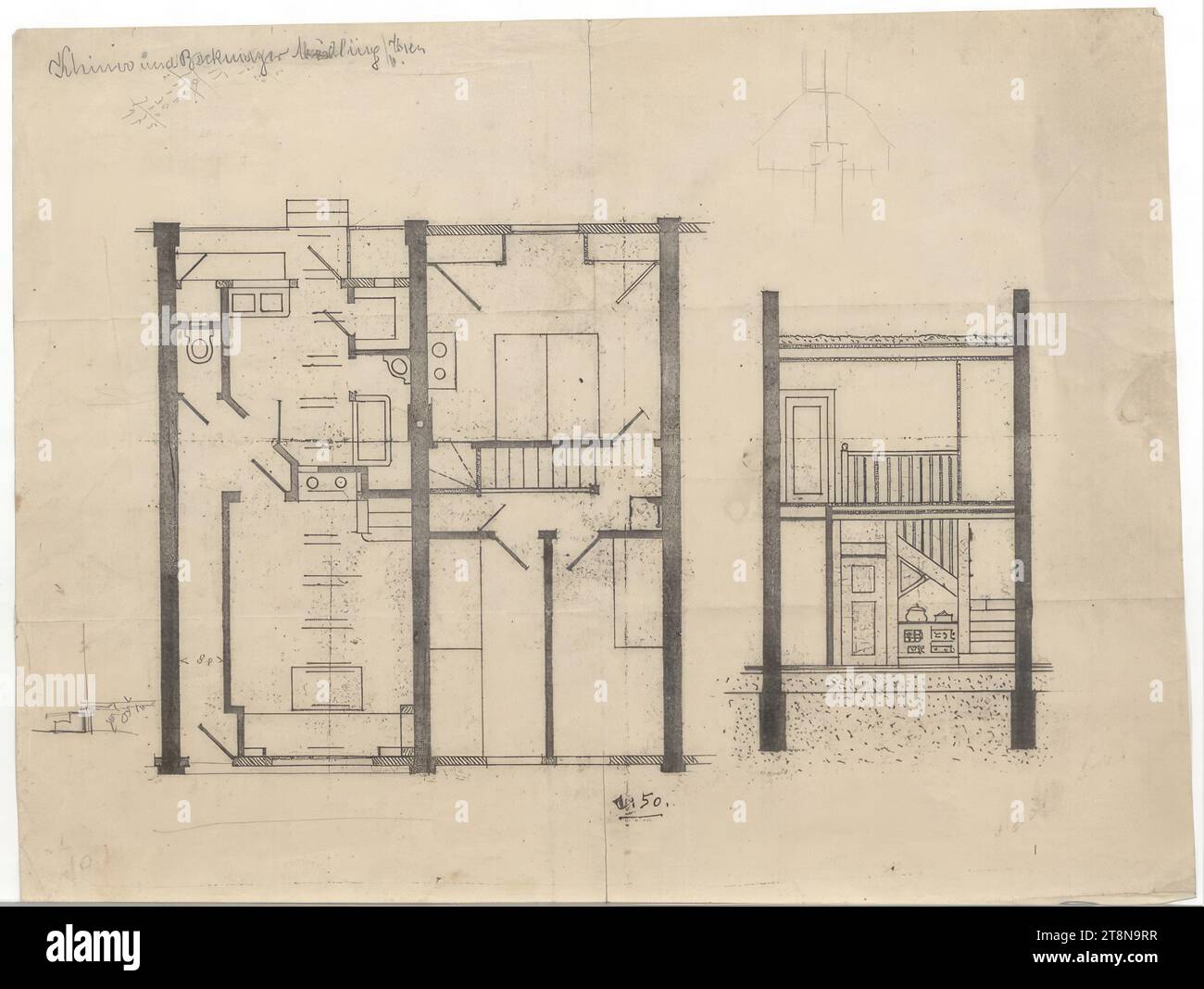 Settlement houses, Vienna, terraced house, 4m type, floor plan, section ...