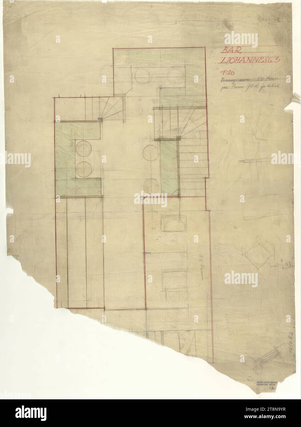 Café Capua, Vienna I., Johannesgasse 3, floor plan, 1913, architectural drawing, transparent ...