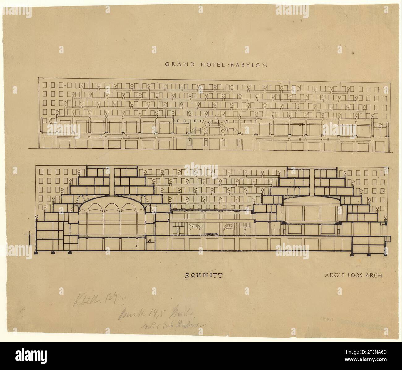 Grand Hotel Babylon, Nice, Section, Elevation, 1923, Architectural ...