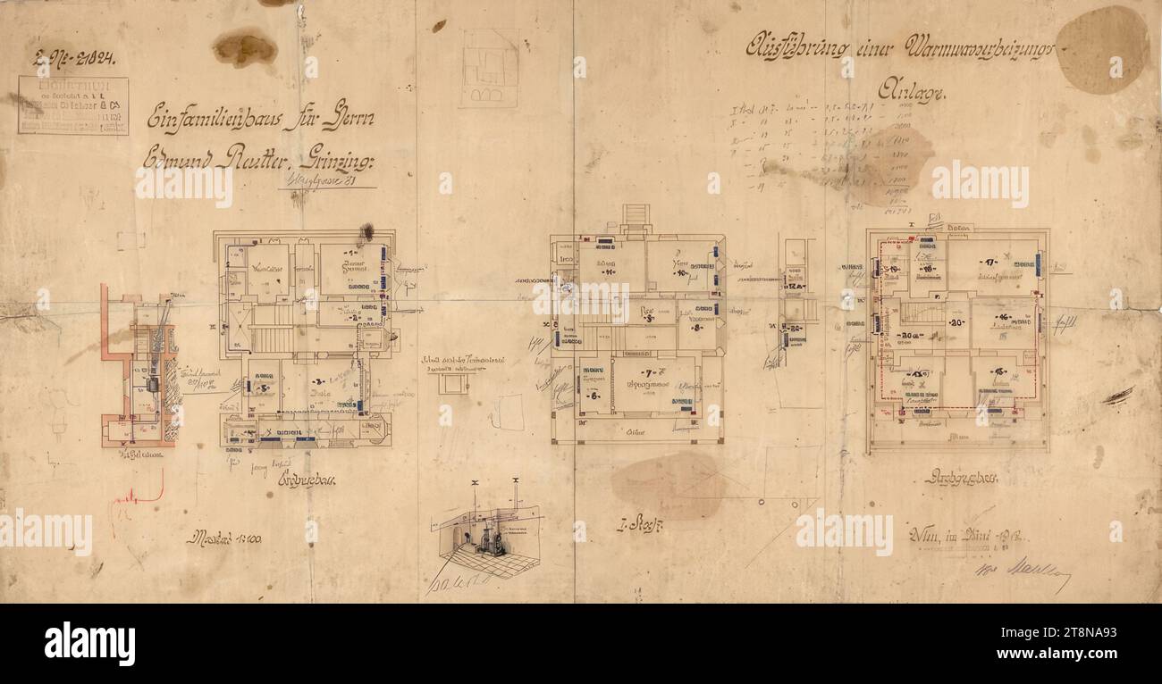 Haus Reutter, floor plans, section for heating system, architectural ...