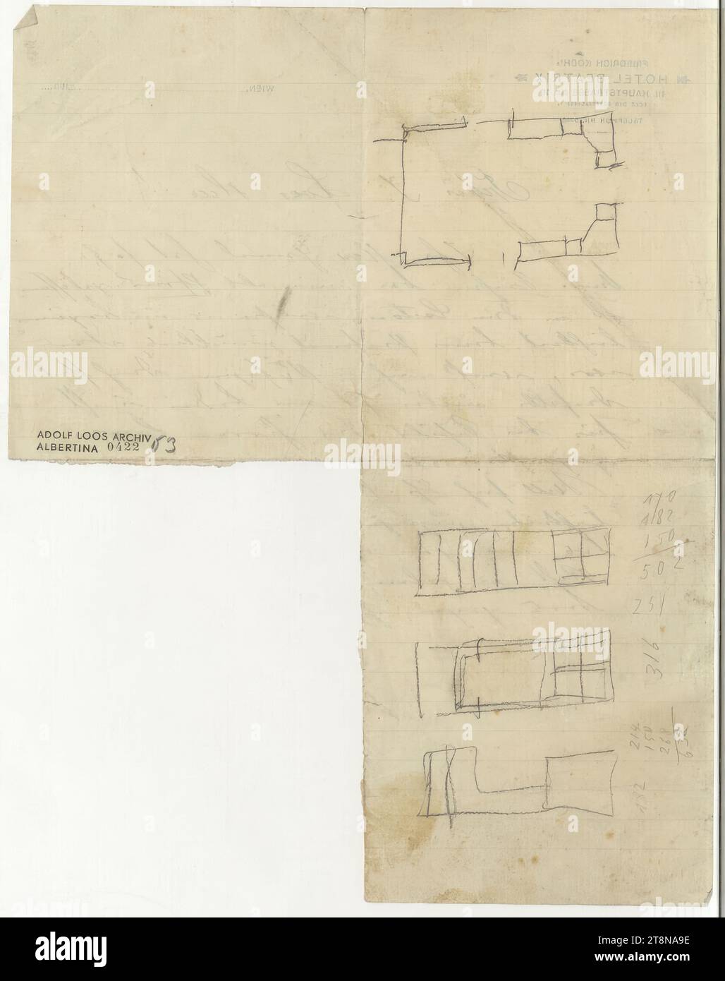 Detailed sketches on the back of a letter, architectural drawing ...