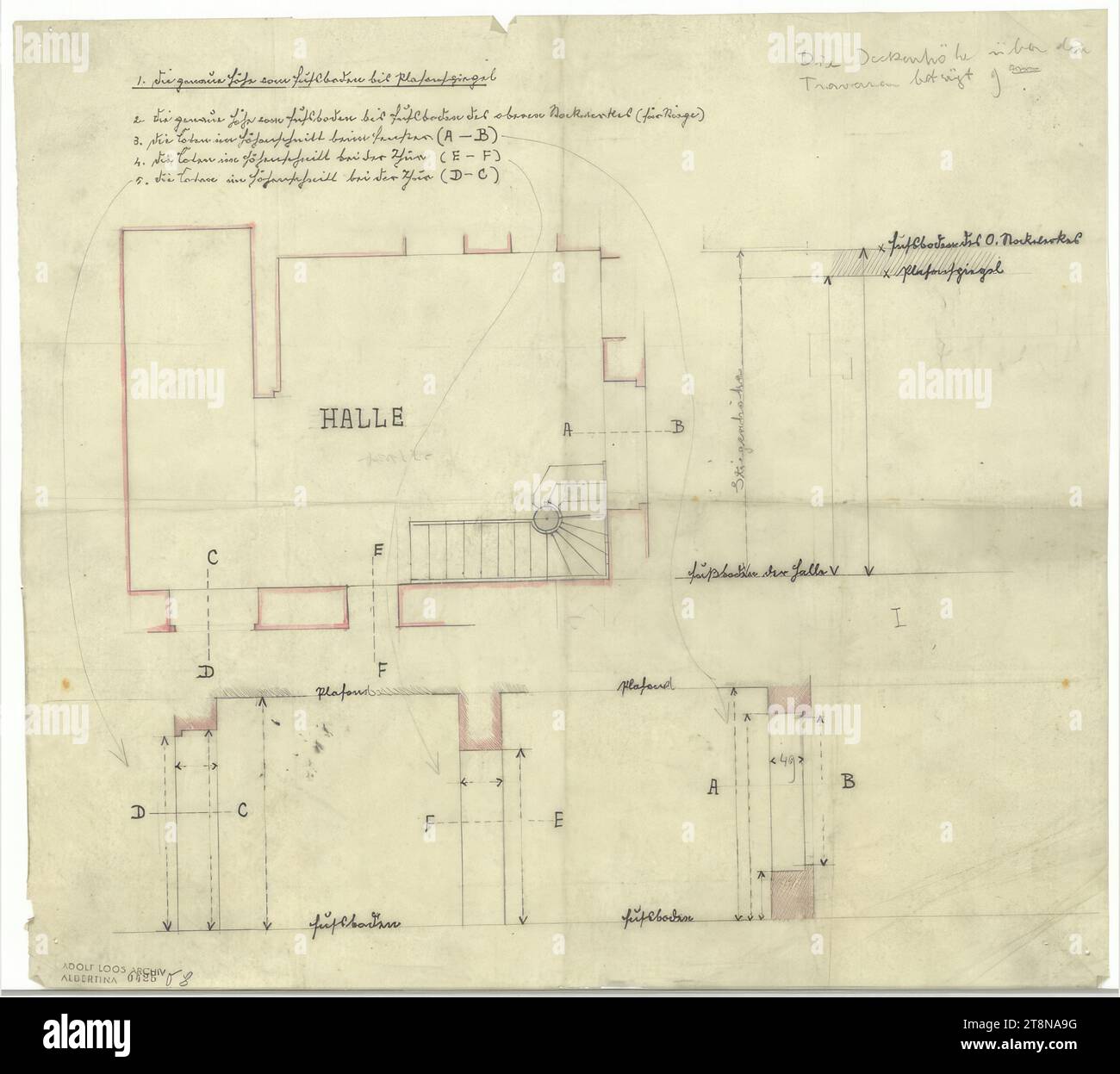 Hall, floor plan, section, architectural drawing, tracing paper; Pencil ...