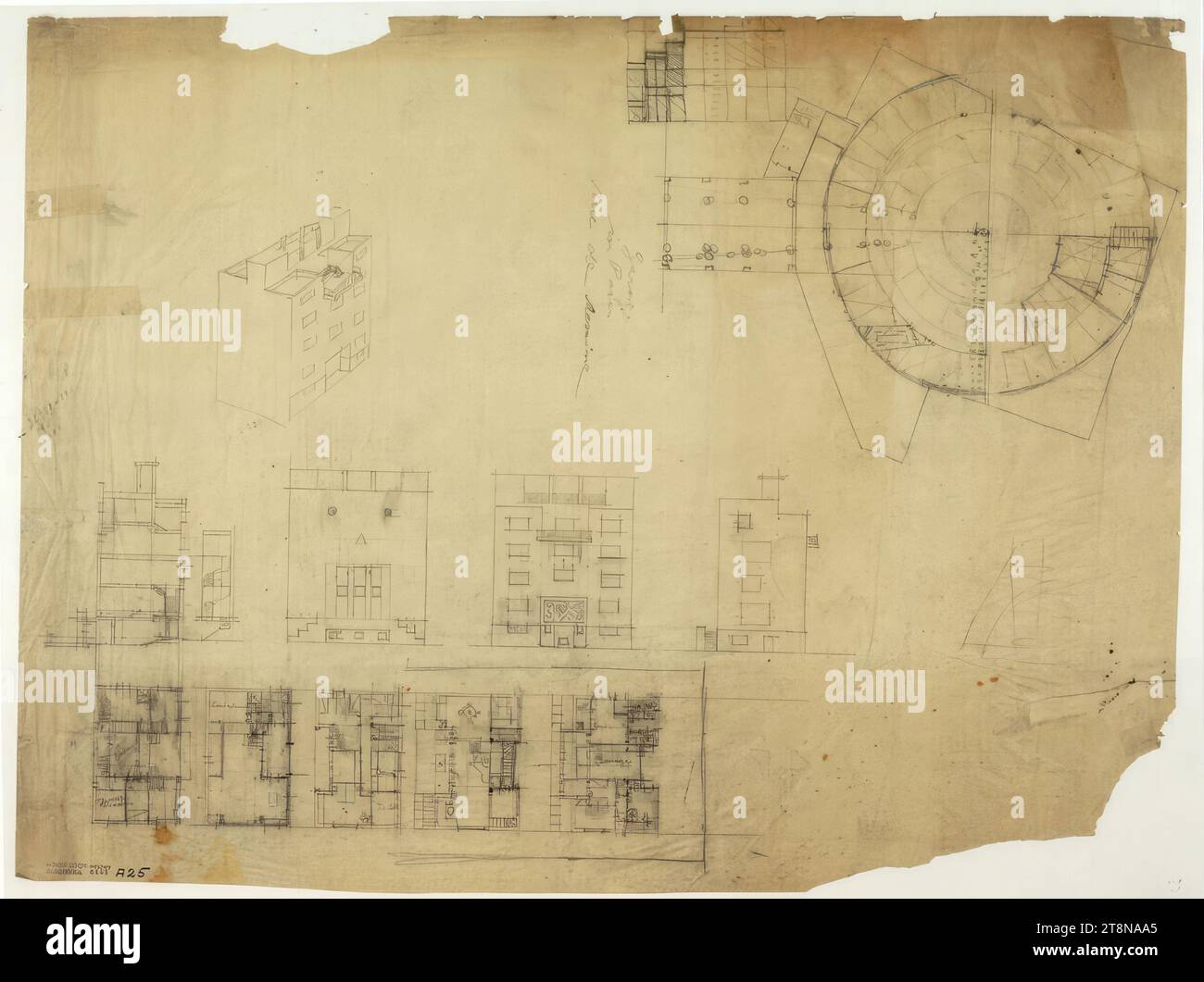 Two-family house (terrace house), probably Paris, and round garage ...