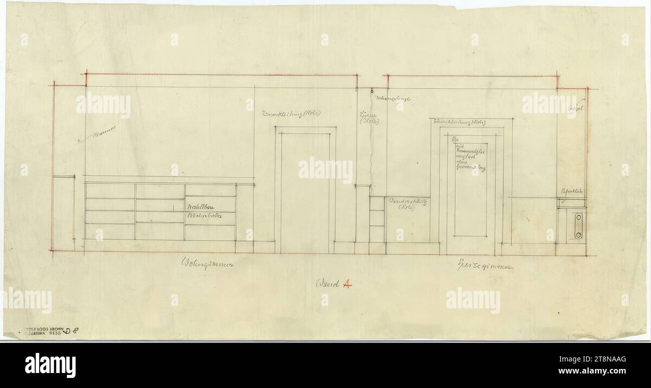 Living and dining room, wall elevation with inscription, architectural drawing, transparent ...