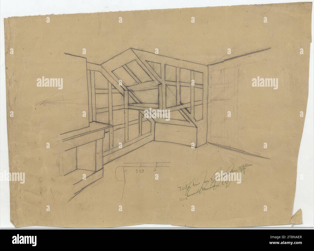 Wall construction of a mansard room, interior perspective ...