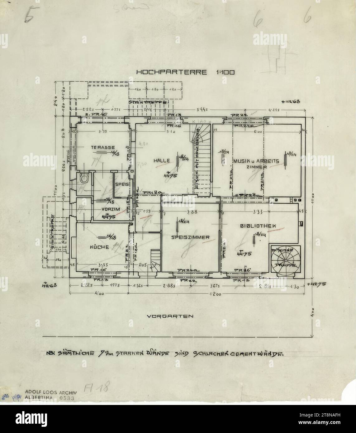 Haus Scheu, ground plan, raised ground floor, 1912-1913, architectural ...