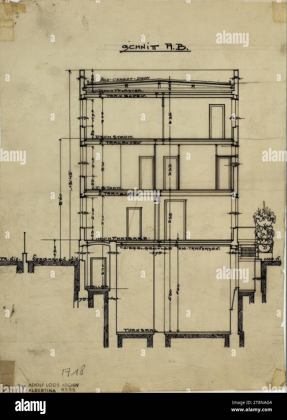 Scheu House, section A-B, 1912-1913, architectural drawing, transparent ...