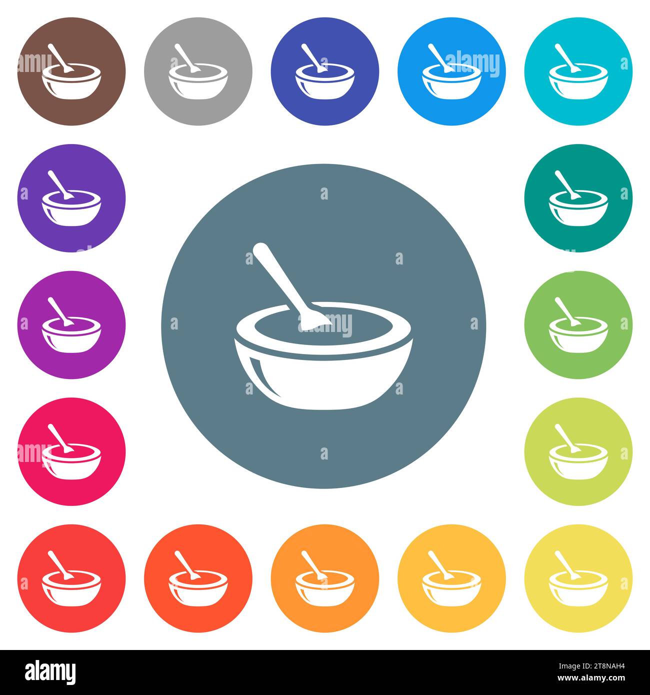 Glossy bowl of soup with spoon flat white icons on round color ...