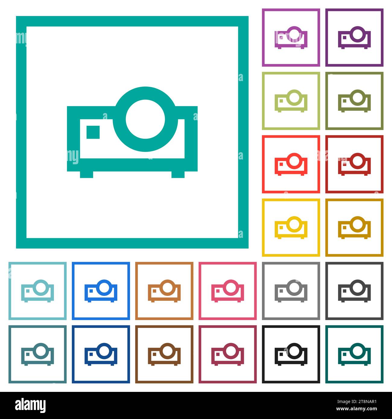 Multimedia projector outline flat color icons with quadrant frames on ...