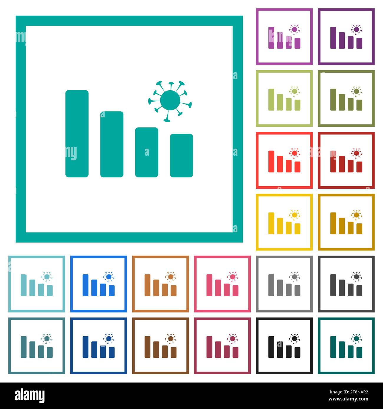 Covid graph flat color icons with quadrant frames on white background ...