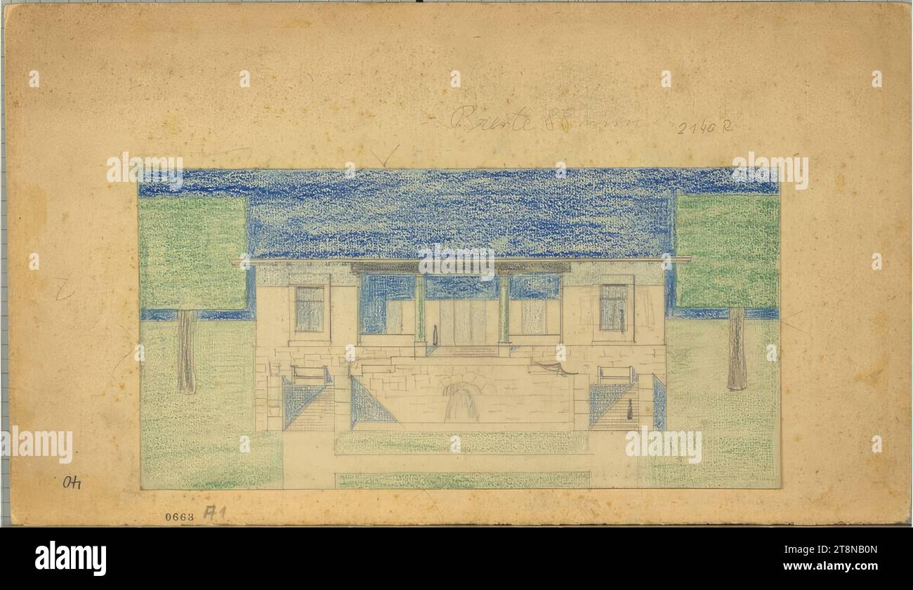 Atrium house, main view, architectural drawing, drawing paper; Pencil ...