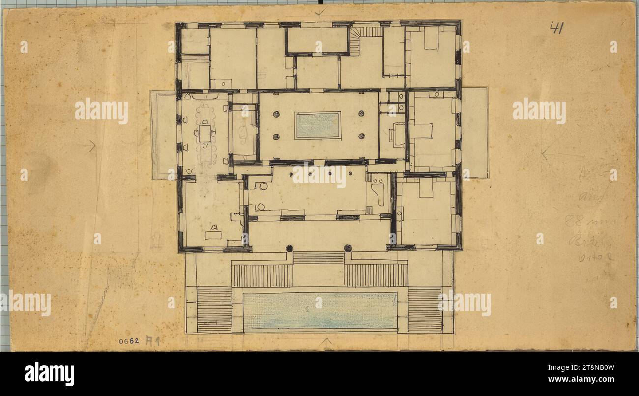 atrium house, floor plan, architectural drawing, drawing paper; Ink ...