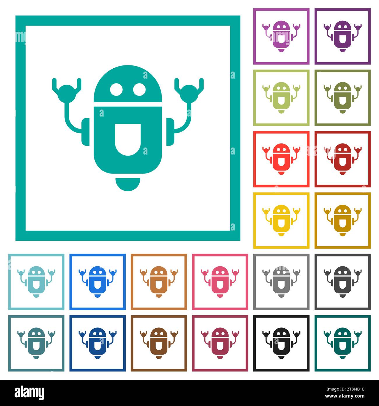 Rolling robot flat color icons with quadrant frames on white background ...