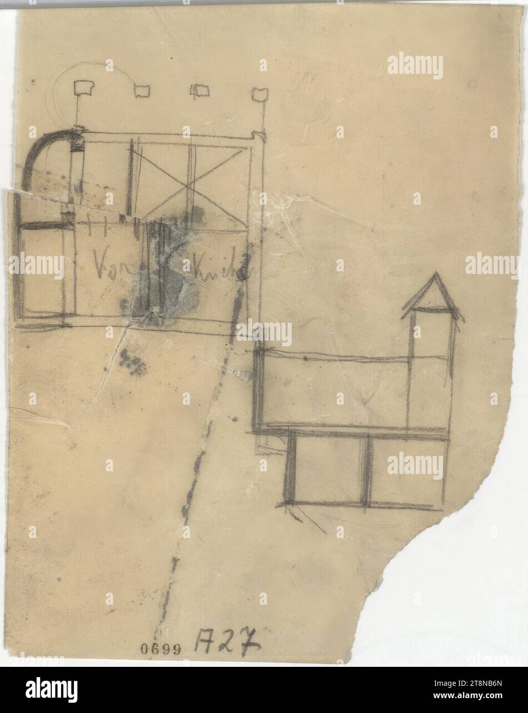 Villa with tower, floor plan, basement, section, architectural drawing ...