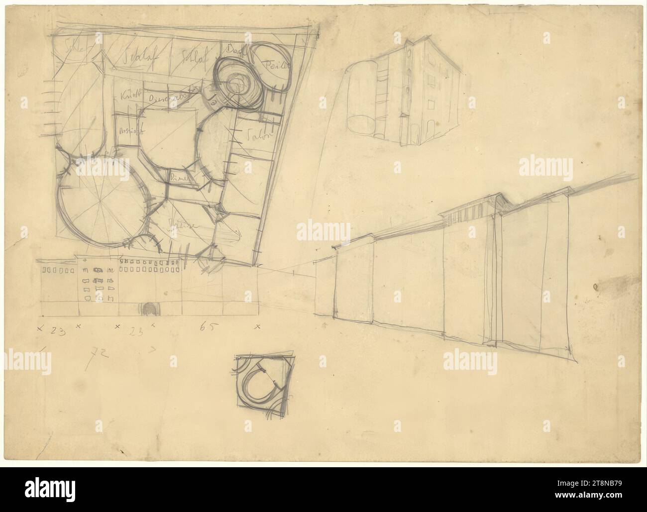 Corner house with an oval tower, ground plan, perspectives, elevation ...