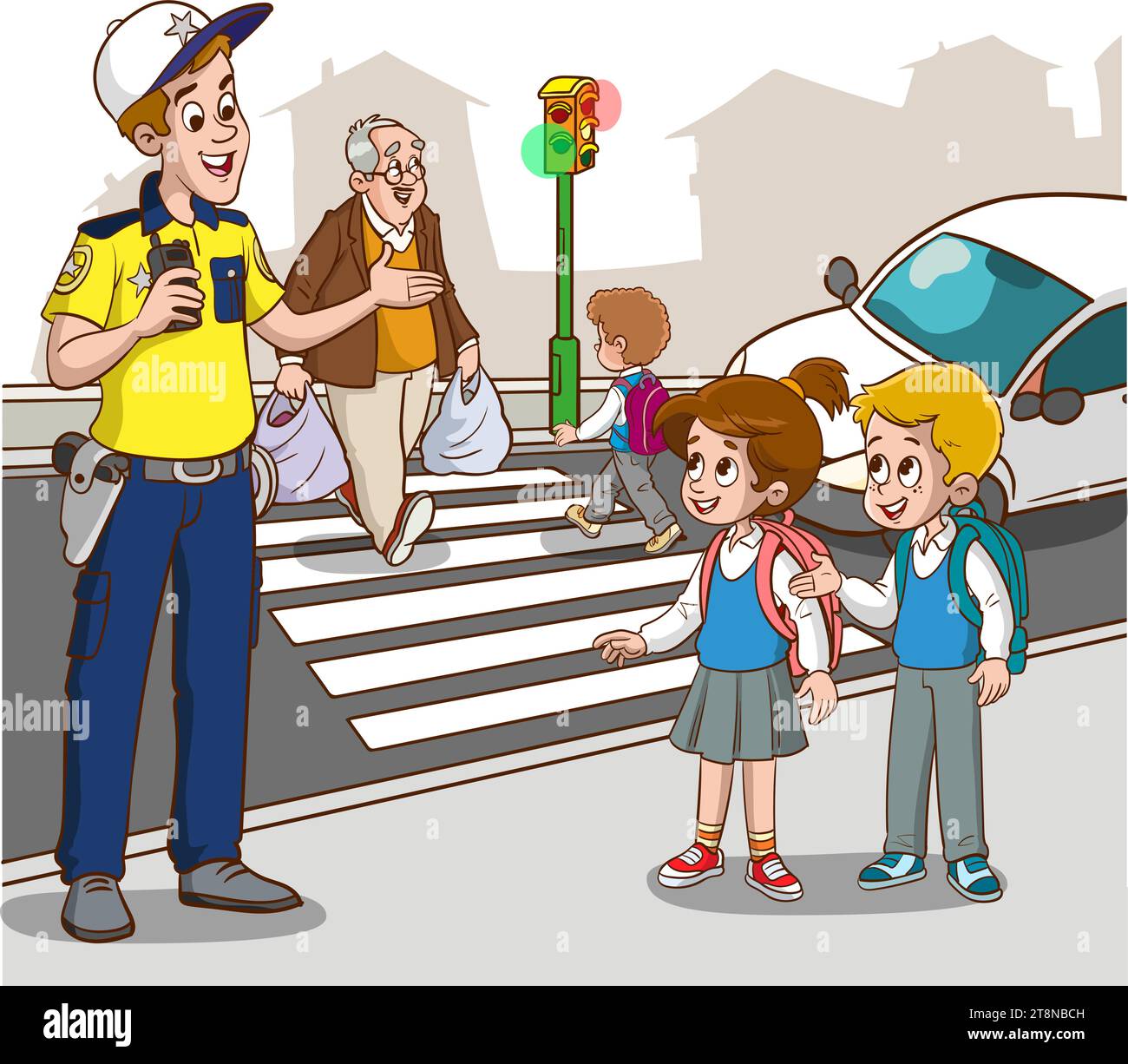 People on street. Pedestrian crossing road on crosswalk with street ...