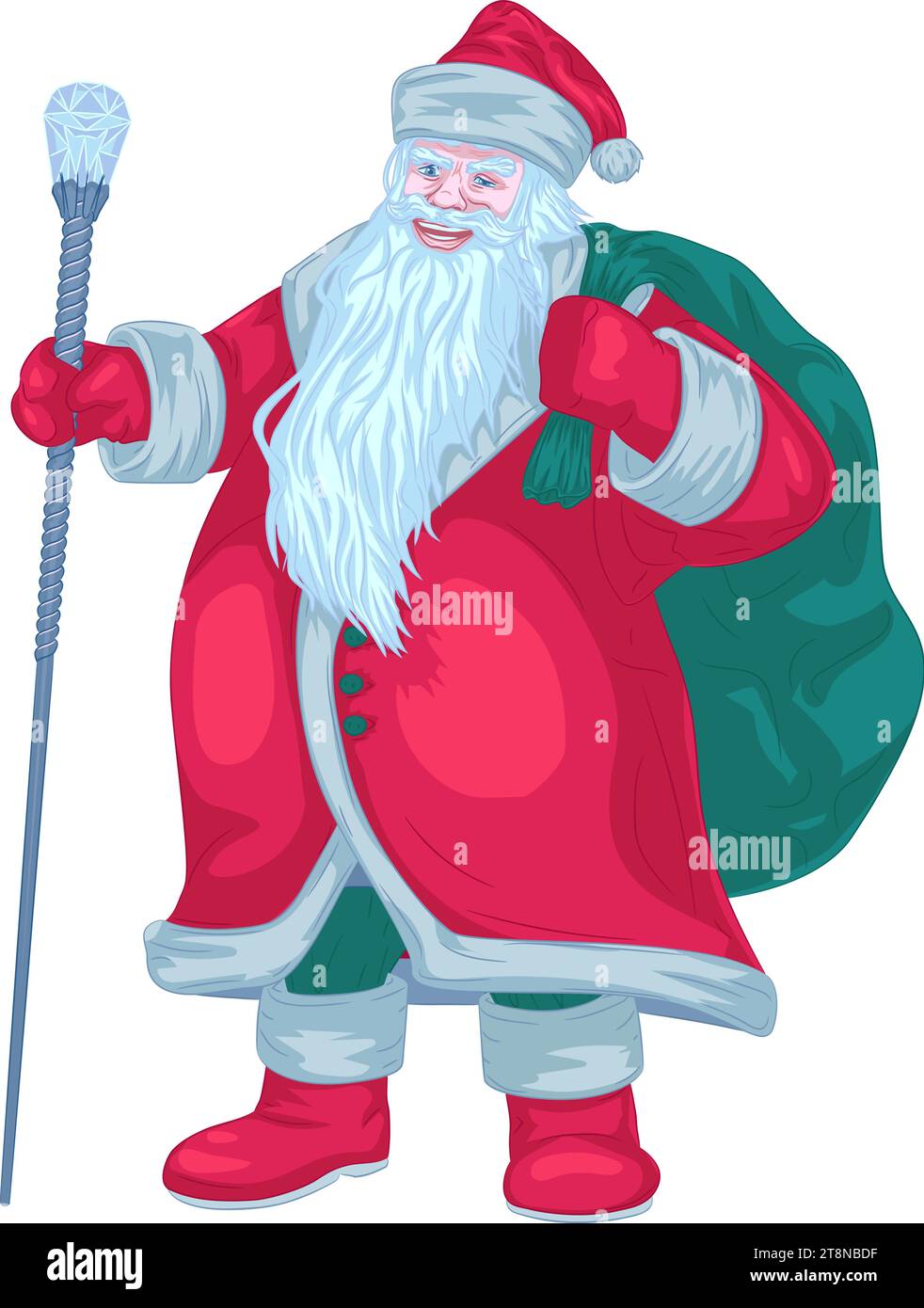 Santa Claus with bag behind his back and staff. Vector illustration ...