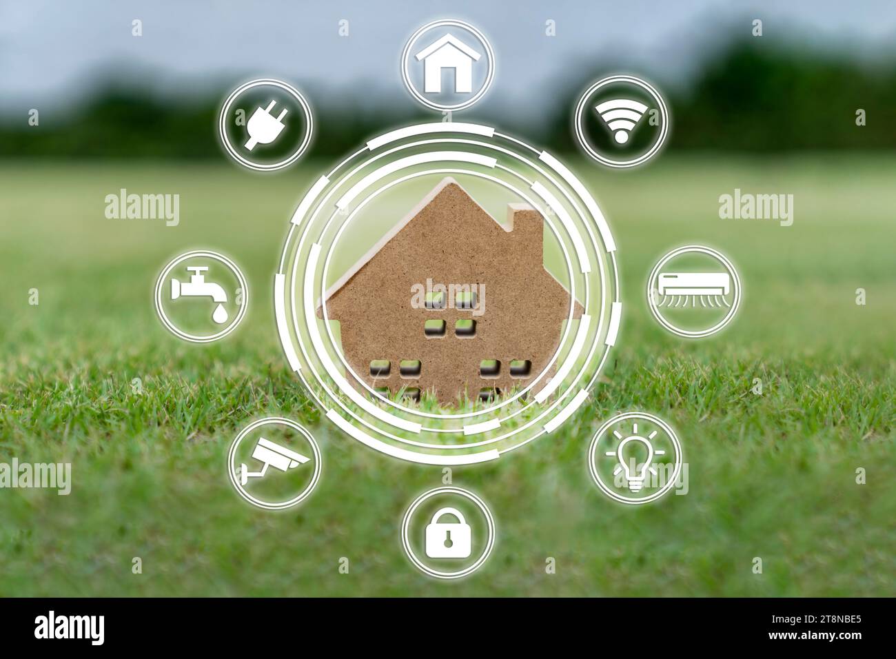Smart home concept, Small house on green with smart technology icon ...