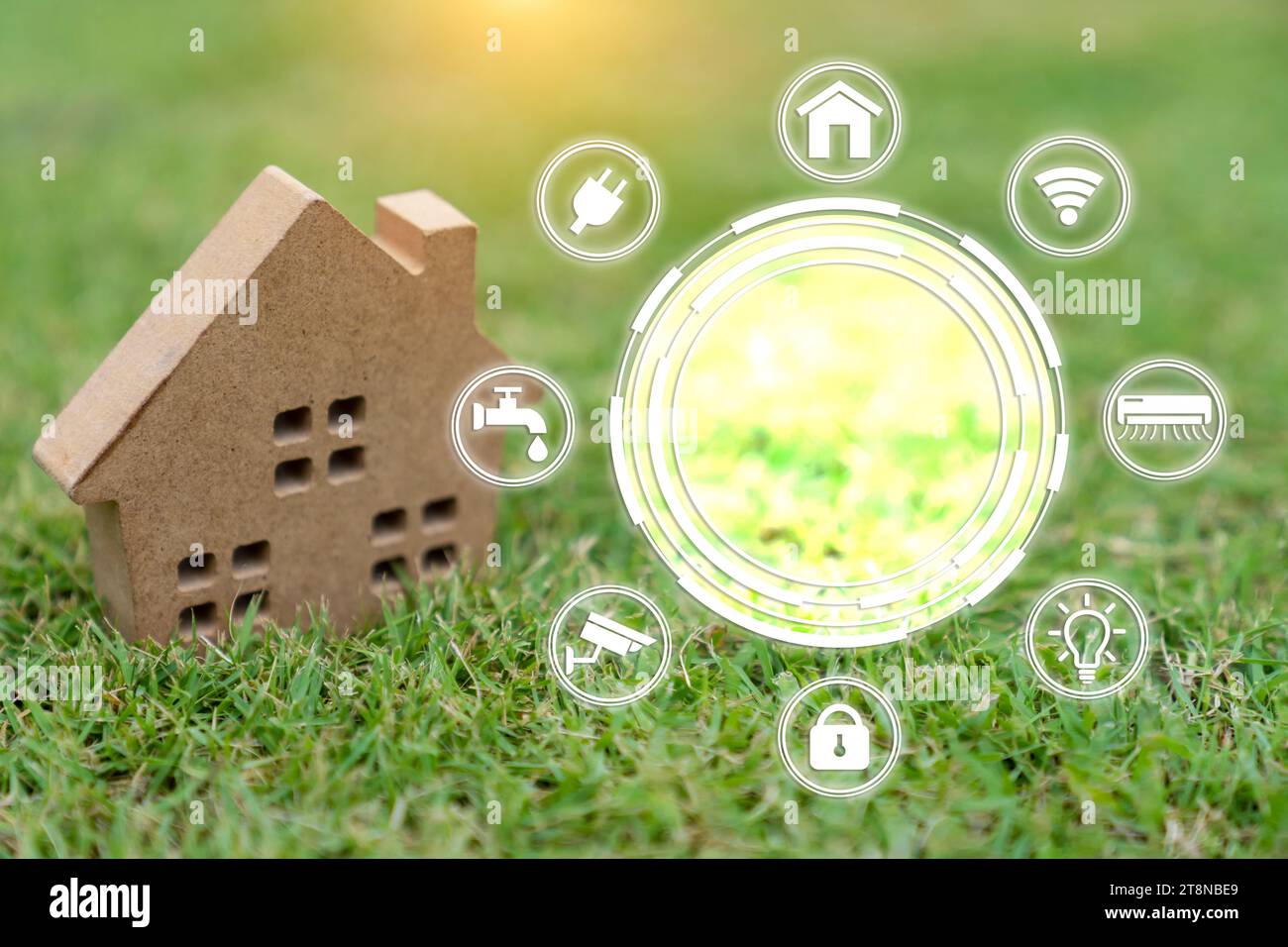Smart home concept, Small house on green with smart technology icon ...