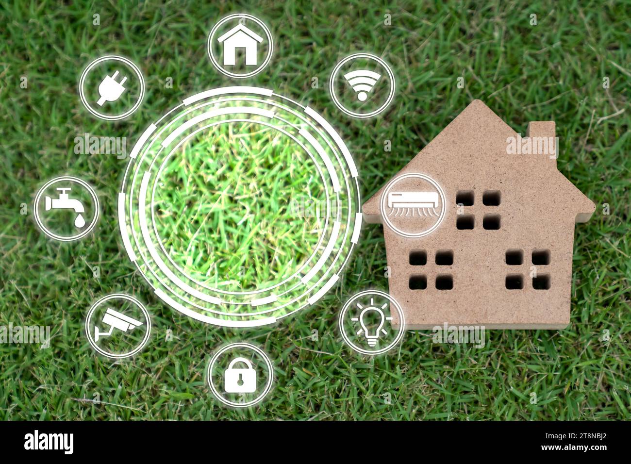 Smart home concept, Small house on green with smart technology icon ...