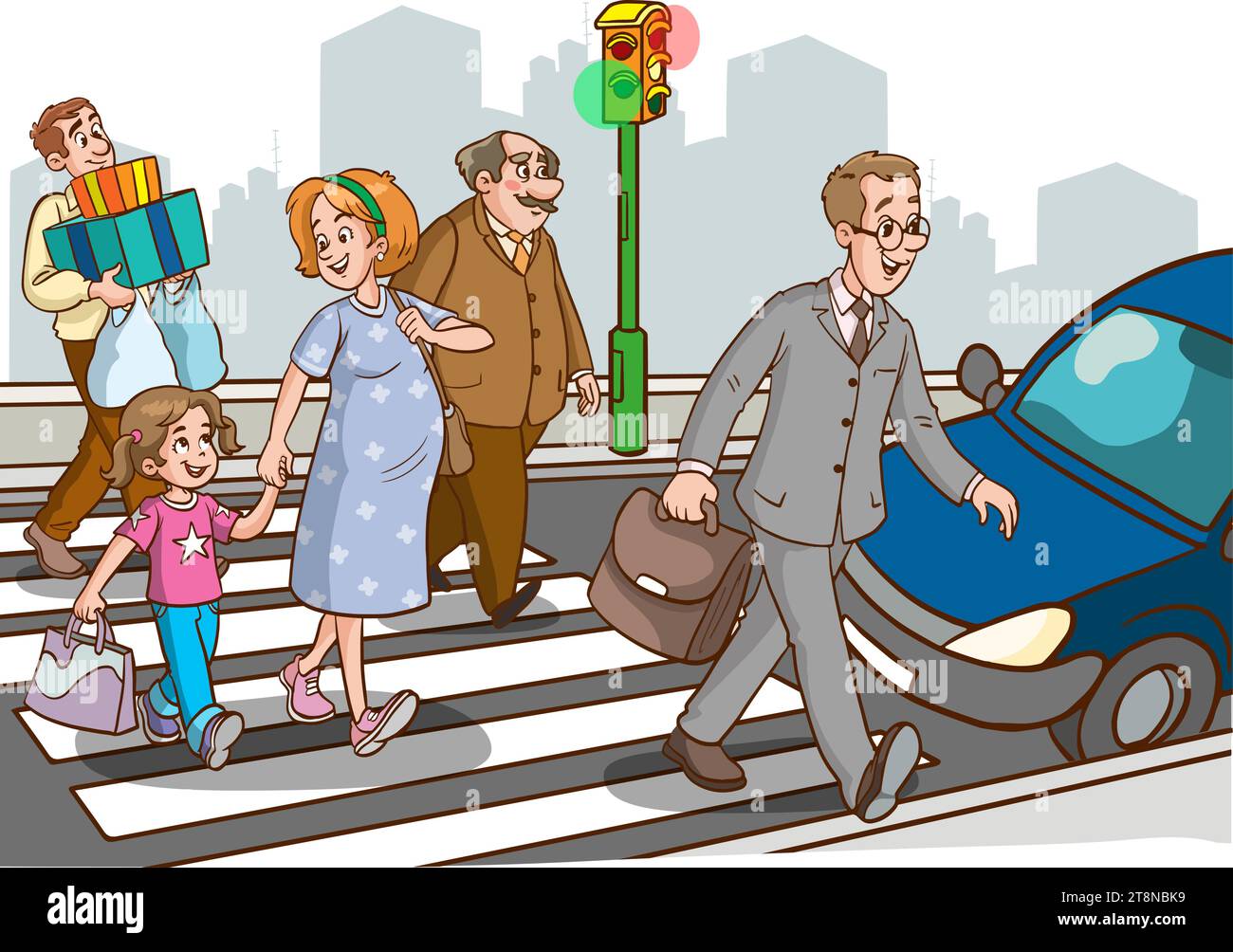 People on street. Pedestrian crossing road on crosswalk with street ...