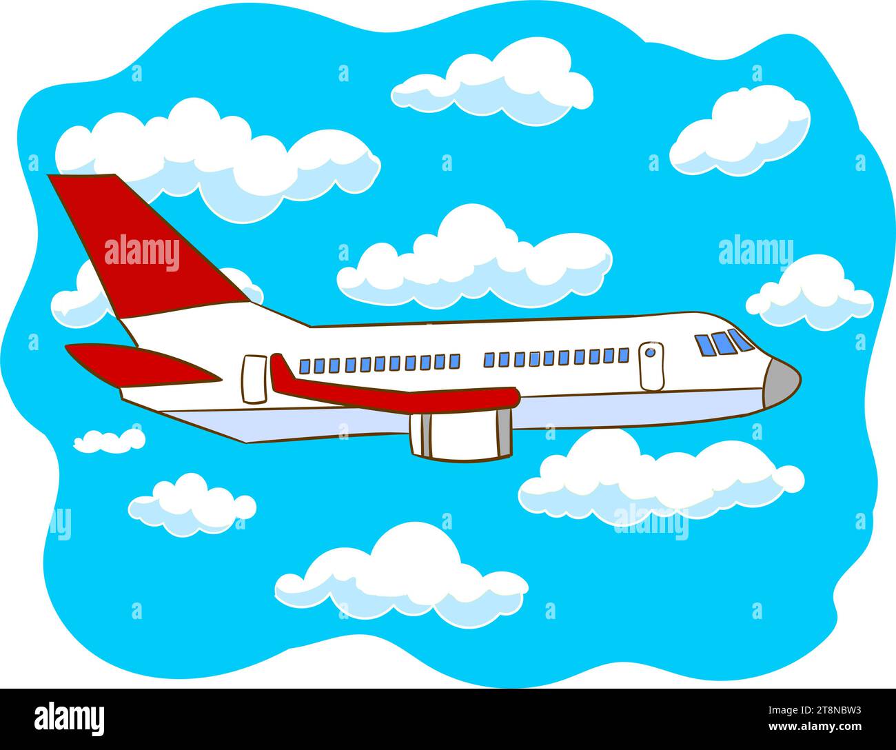 Airplane in sky. Flying civil aircraft transport in clouds vector flat ...