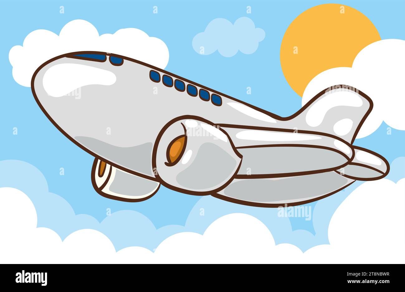 Airplane in sky. Flying civil aircraft transport in clouds vector flat ...