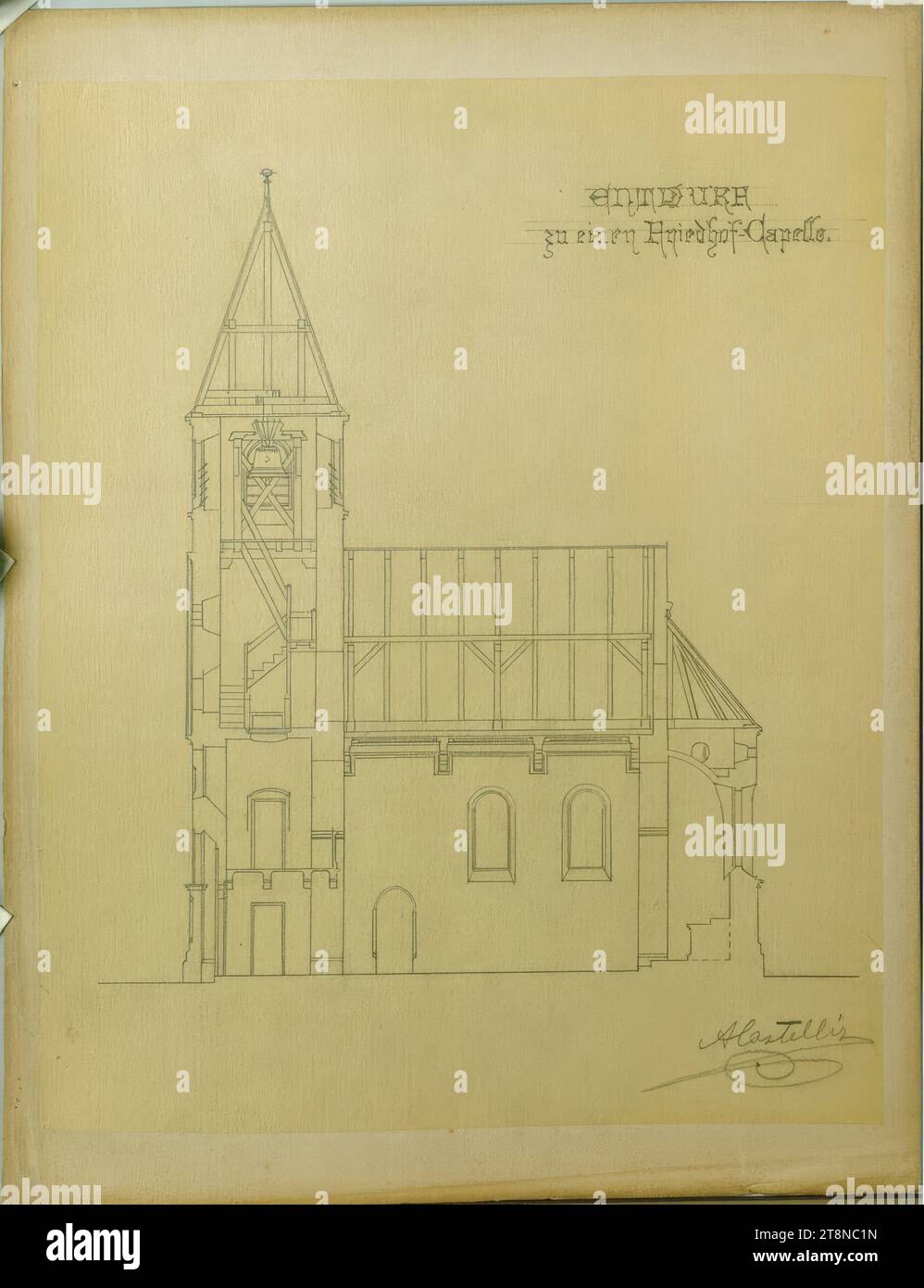 Draft for a cemetery chapel, longitudinal section, around 1891 ...