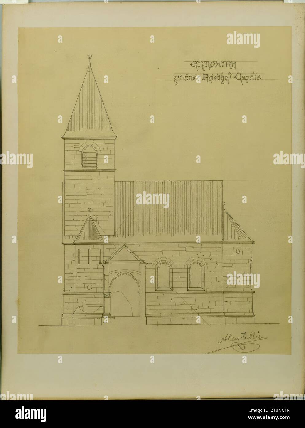 Design for a cemetery chapel, side view, elevation with section, Alfred ...