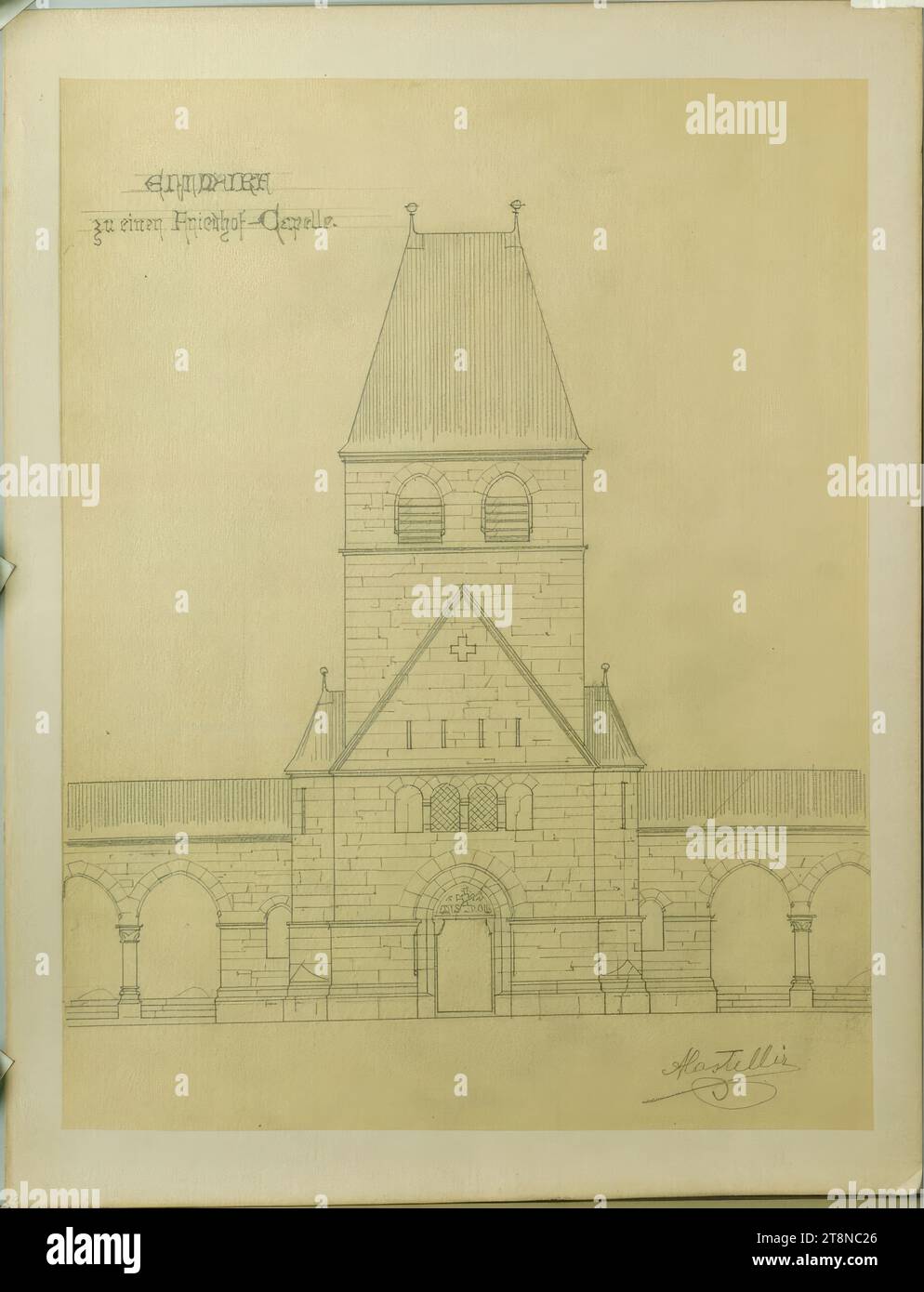 Draft for a cemetery chapel, front view, elevation, Alfred Castelliz ...