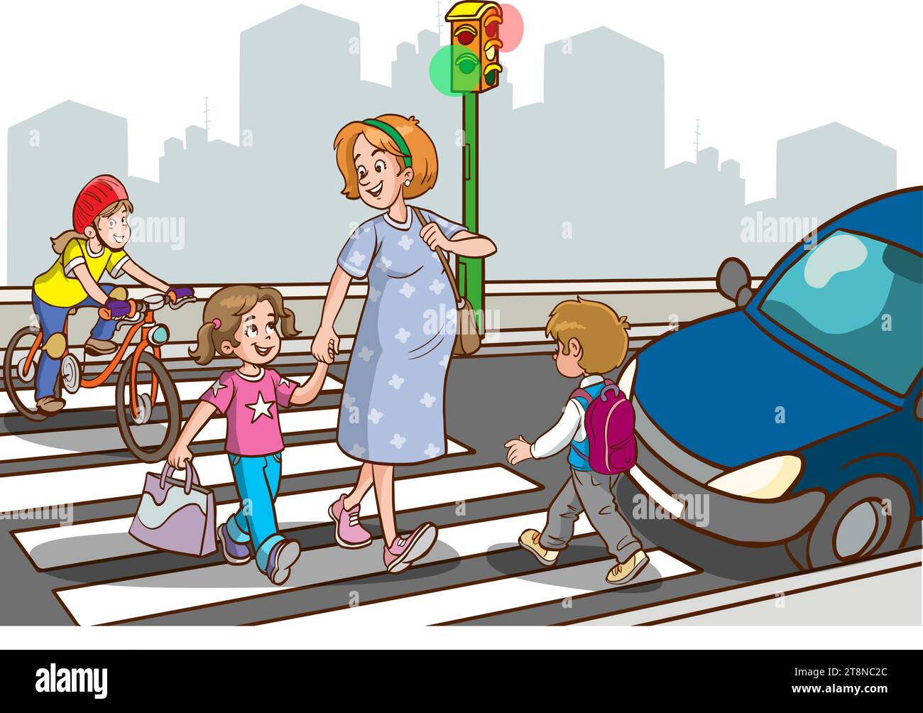 People on street. Pedestrian crossing road on crosswalk with street ...