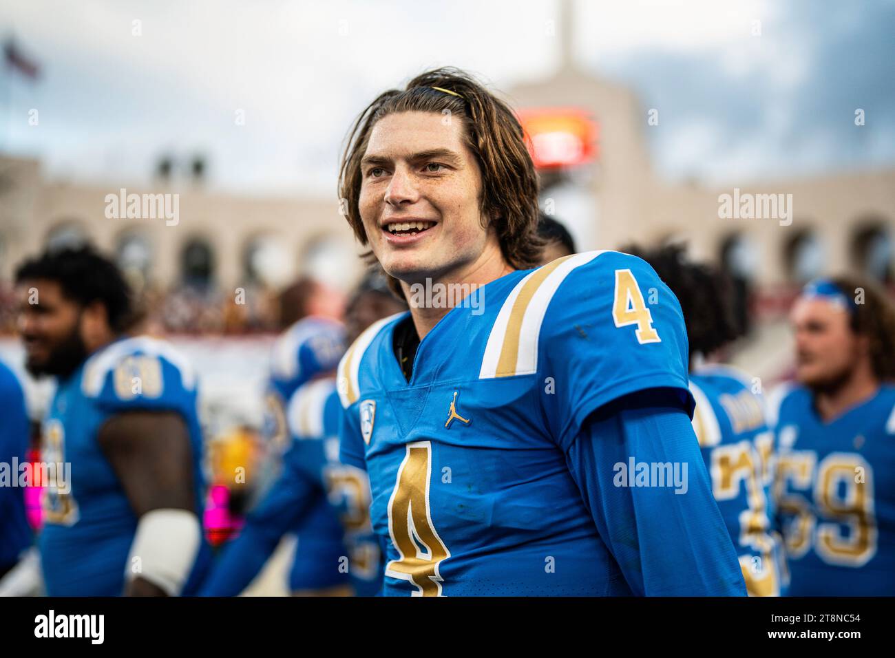 UCLA Bruins quarterback Ethan Garbers (4) reacts to a victory after a ...