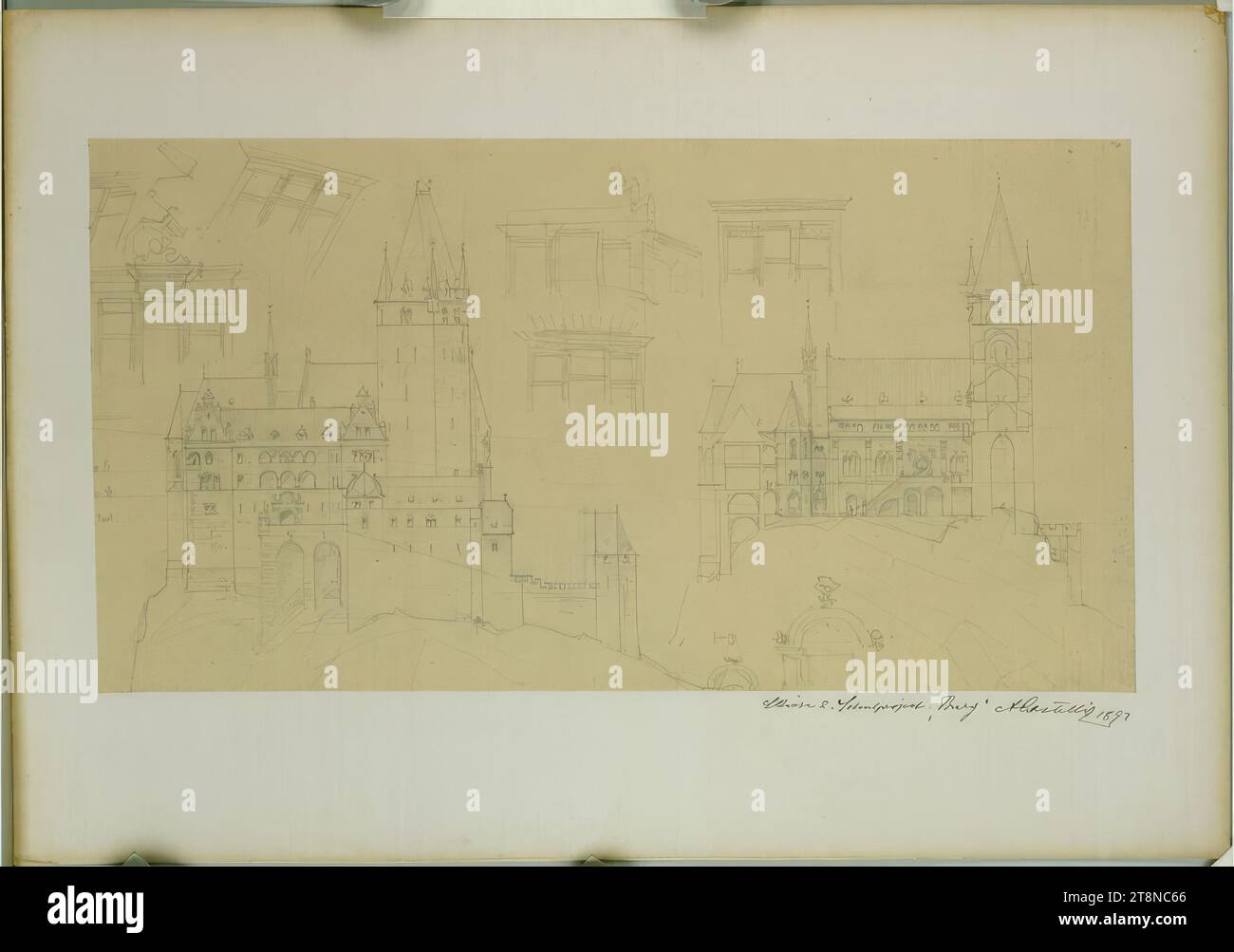 Draft for a castle (school project - diploma thesis?), outline, section, Alfred Castelliz (Celje ...