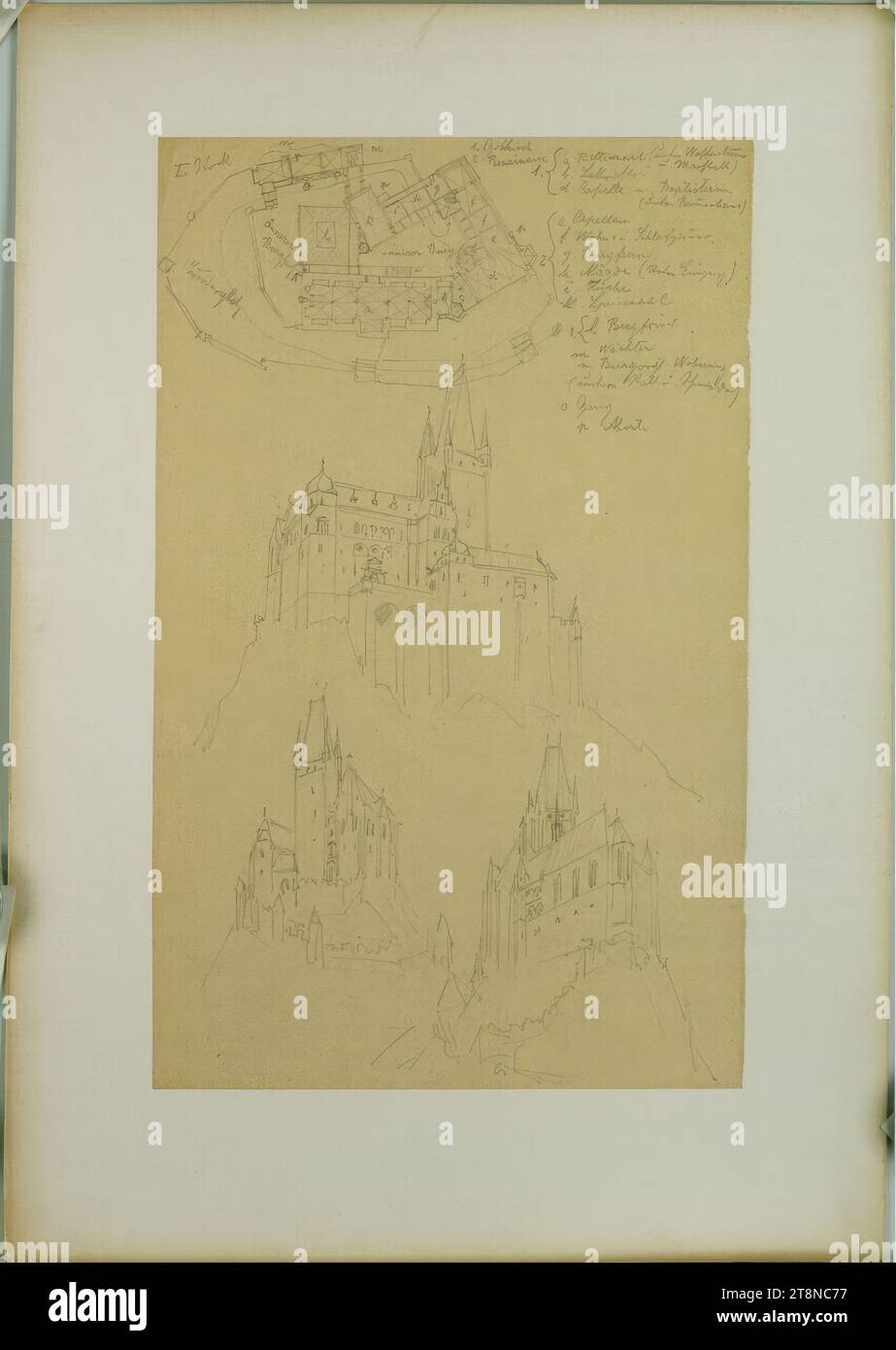Draft for a castle (school project - diploma thesis?), sketches for the ...