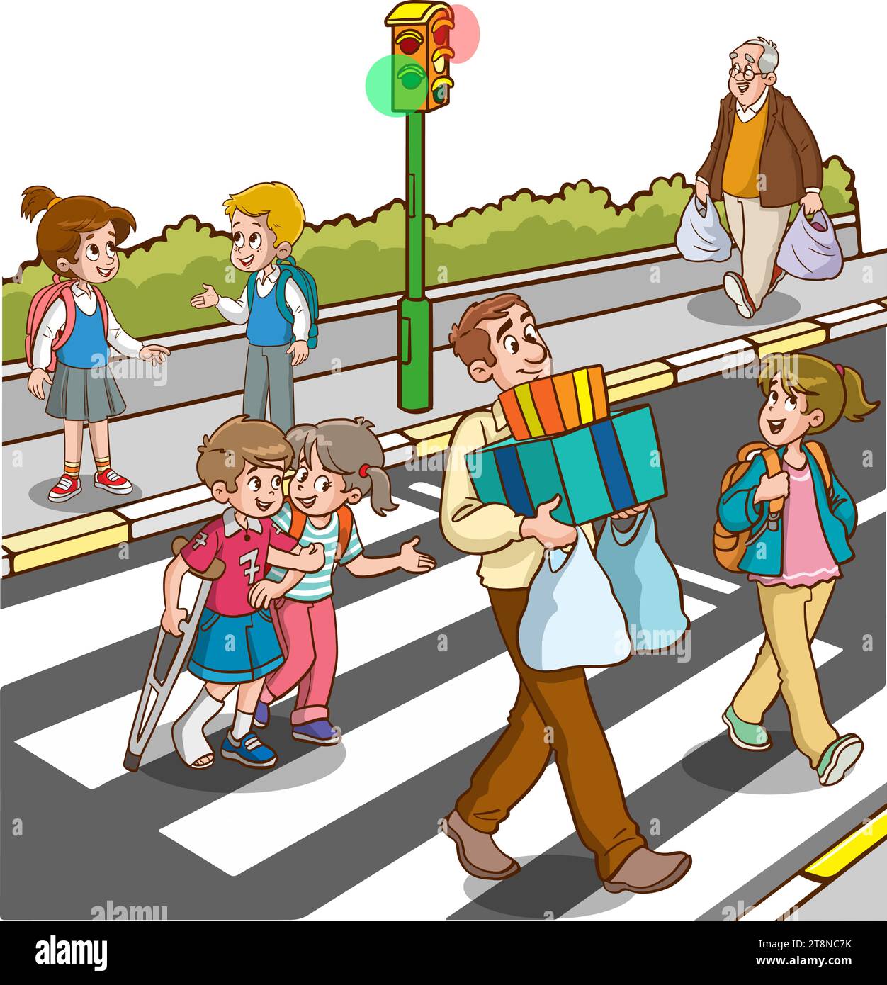 People on street. Pedestrian crossing road on crosswalk with street ...