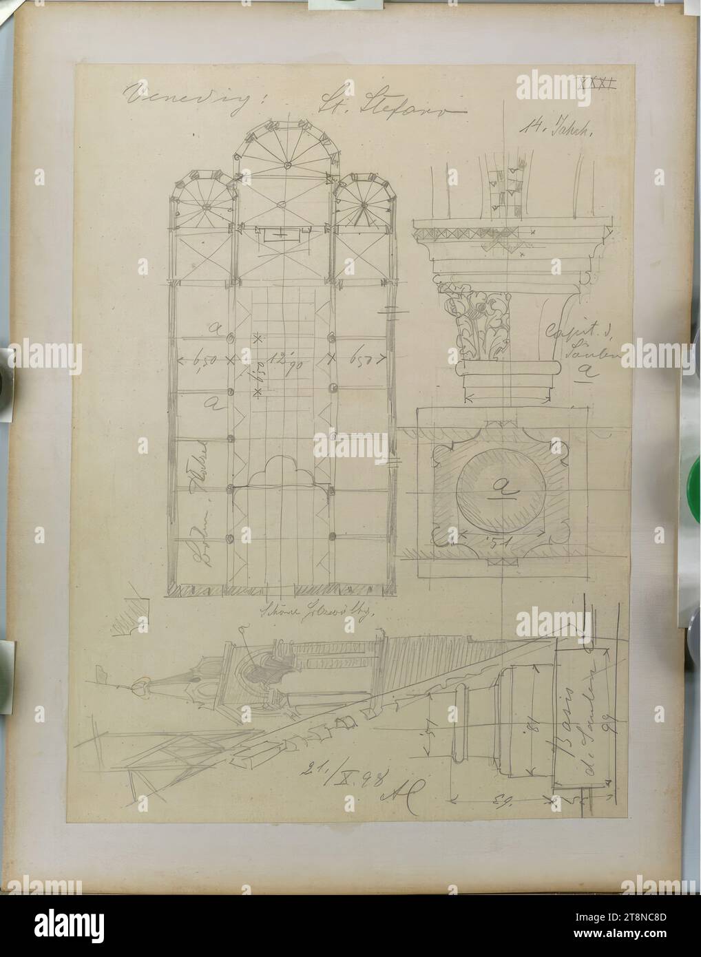 Architectural survey, Venice, S. Stefano, floor plan, tower perspective ...