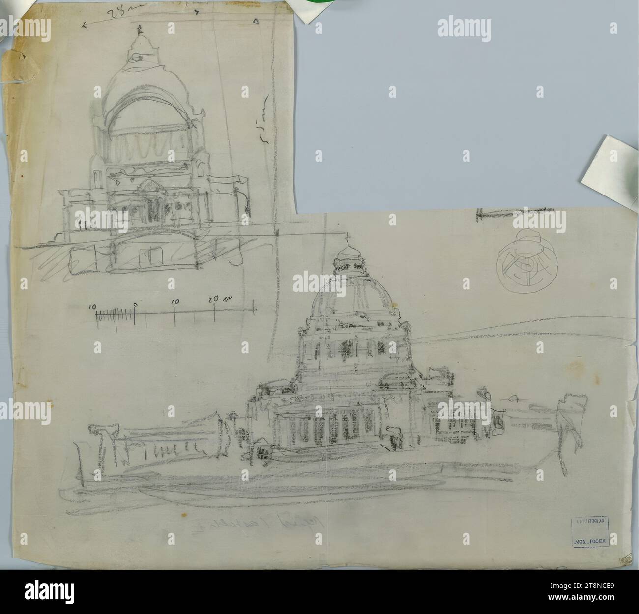 Draft of a dome building, ground plan, section, perspective, Alfred ...
