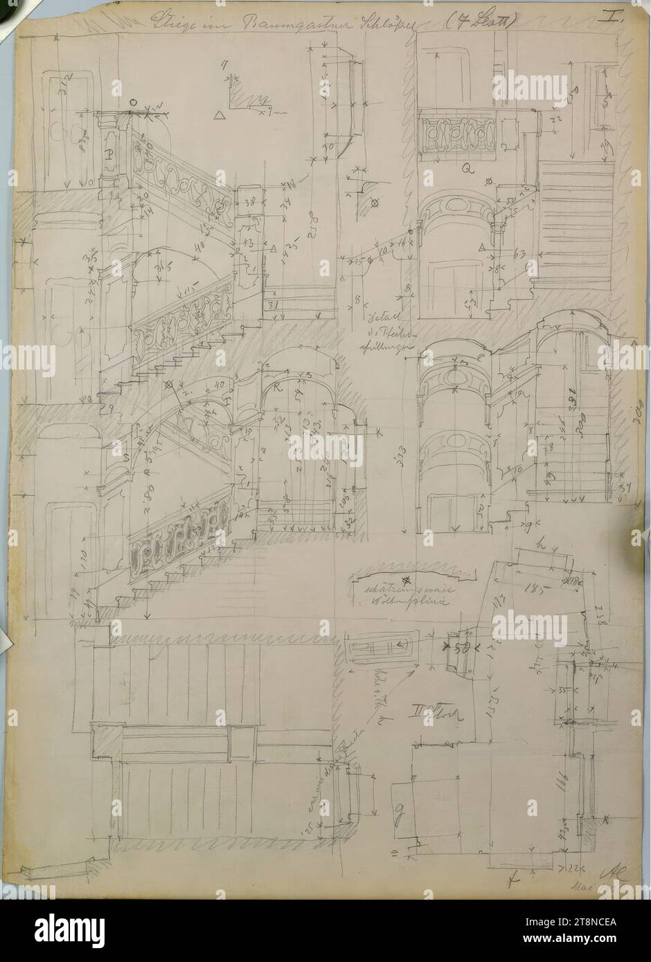 Vienna, Baumgartner Schlößel, staircase, ground plan, section, 1902 ...