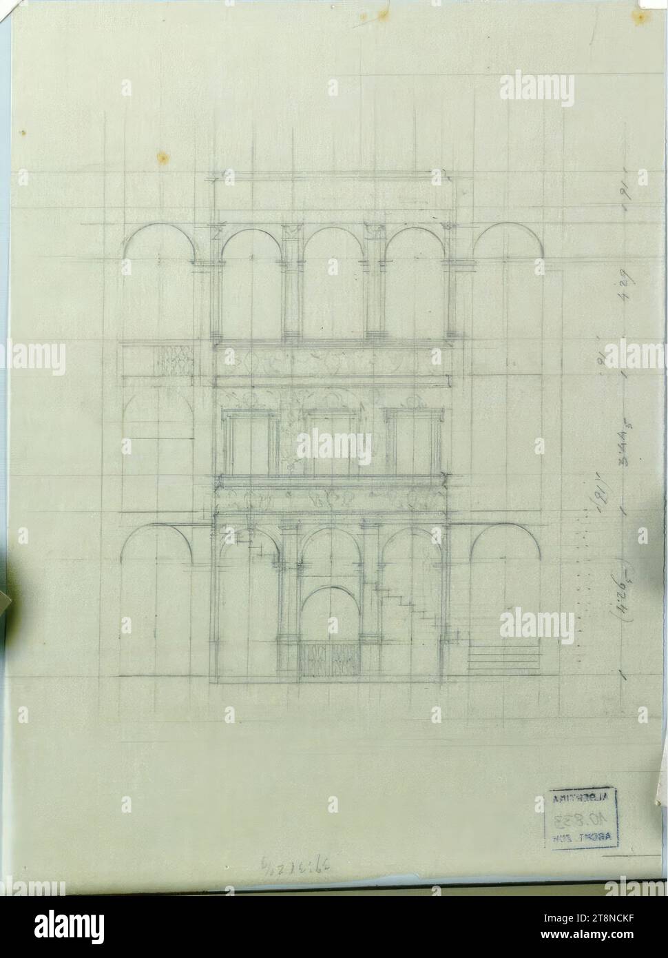Rome, Casa Pietro Cribelli, Via di S. Lucia, courtyard, cross section ...