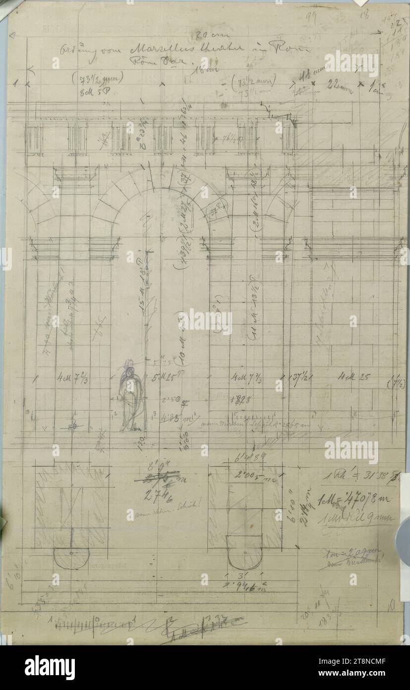 Rome, Marcellus Theater, facade section of the Doric order, ground plan ...