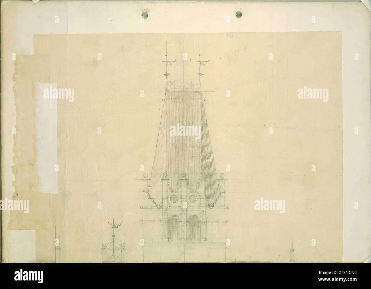 Fragment of a design with a tower, elevation, Alfred Castelliz (Celje ...